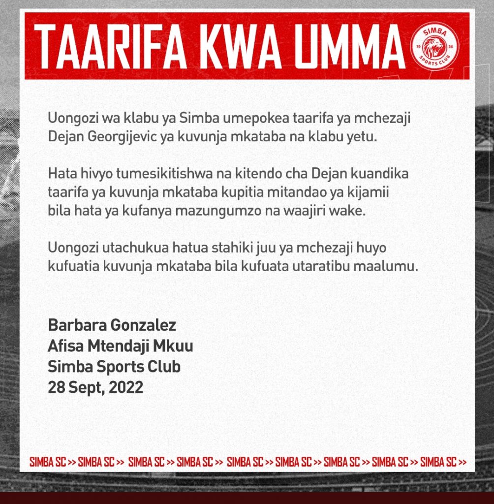 Simba SC break silence over Dejan saga - Daily News