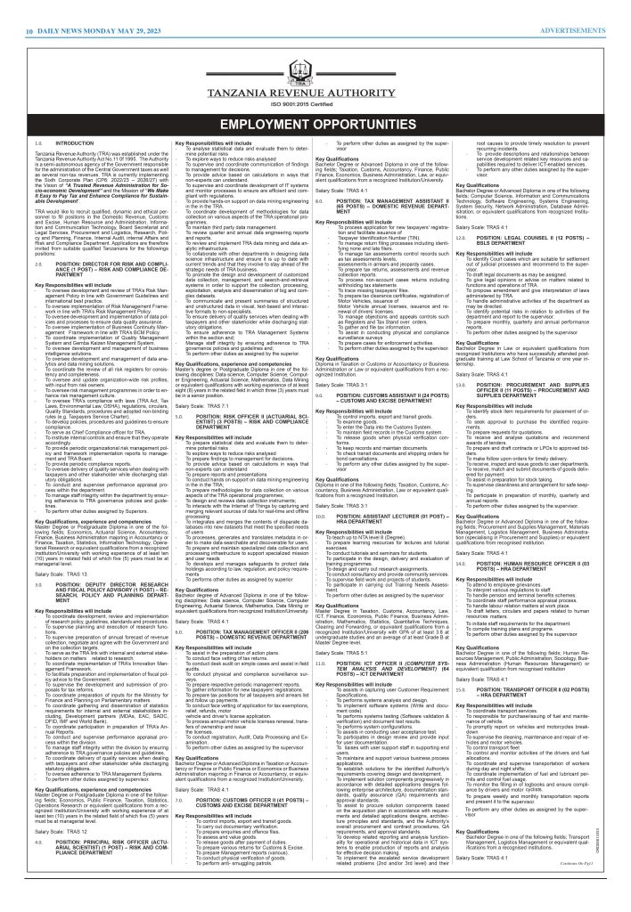 Tanzania Revenue Authority (TRA) EMPLOYMENT OPPORTUNITIES - Daily News