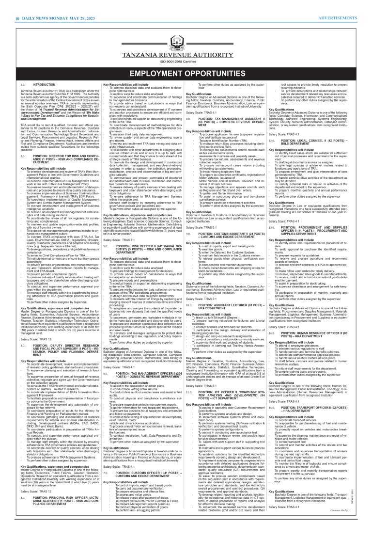 Tanzania Revenue Authority (TRA) EMPLOYMENT OPPORTUNITIES - Daily News