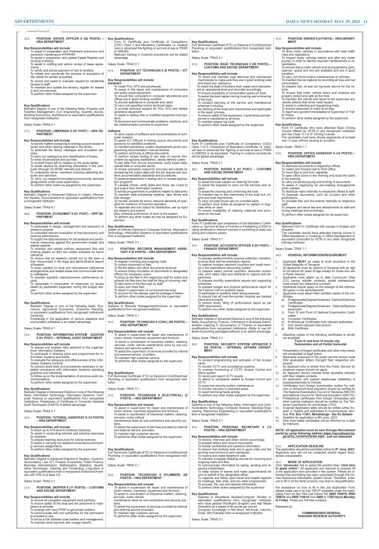 Tanzania Revenue Authority (TRA) EMPLOYMENT OPPORTUNITIES - Daily News